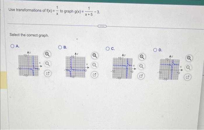 Solved Use transformations of f(x)=x1 to graph g(x)=x+51−3. | Chegg.com