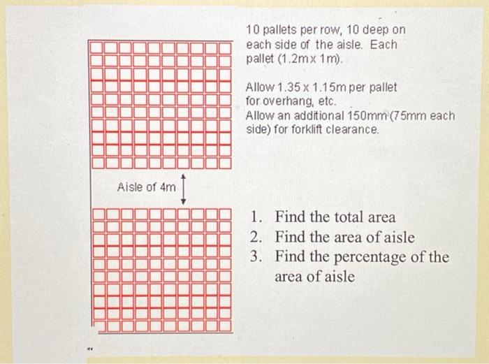 Solved 10 pallets per row, 10 deep on each side of the | Chegg.com