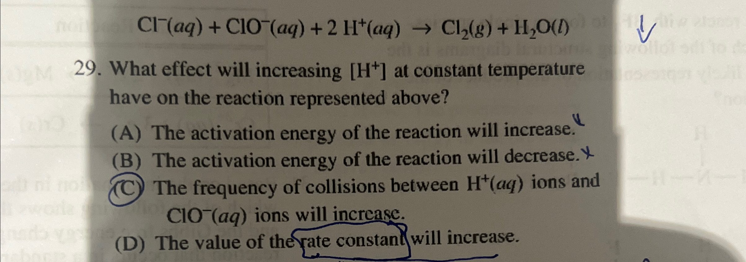 Solved Cl-(aq)+ClO-(aq)+2H+(aq)→Cl2(g)+H2O(l)What effect | Chegg.com