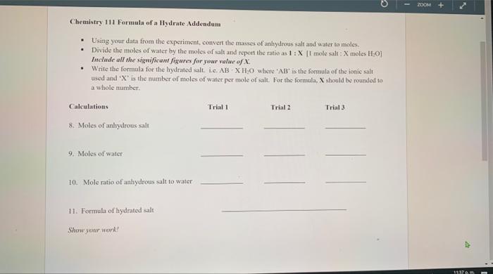 Solved Chemistry 111 Formula of a Hydrate Addendum . Using | Chegg.com