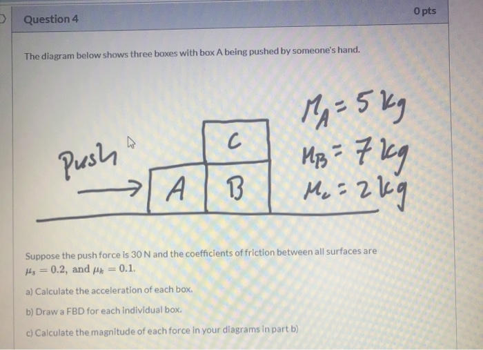 Solved O pts Question 4 The diagram below shows three boxes | Chegg.com