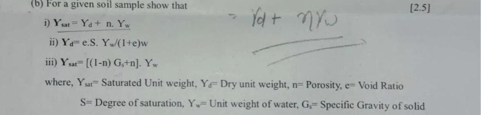 Solved (b) ﻿For a given soil sample show thati) Ysat =Yd+ | Chegg.com