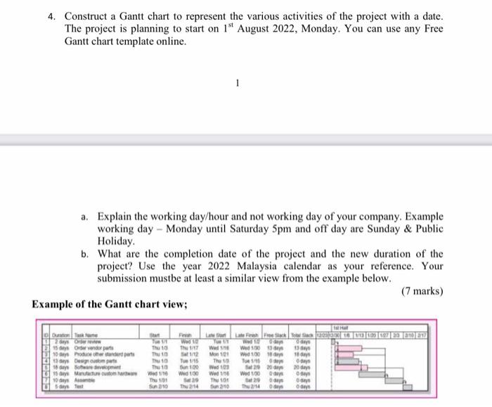 4. Construct a Gantt chart to represent the various | Chegg.com