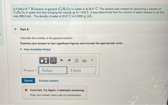 Solved A 2.500x10-2 M solution of glycerol (C3H803) in water | Chegg.com