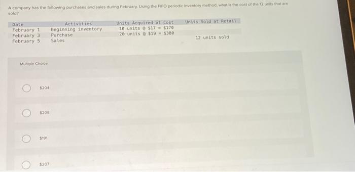 Solved sotdt Muniple Cnolice 3204 $200 $191 5207Multiple | Chegg.com