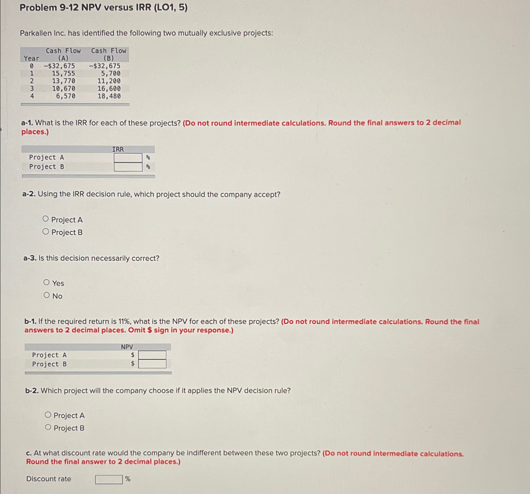 Solved Problem 9-12 ﻿NPV versus IRR LO1, 5)Parkallen Inc. | Chegg.com
