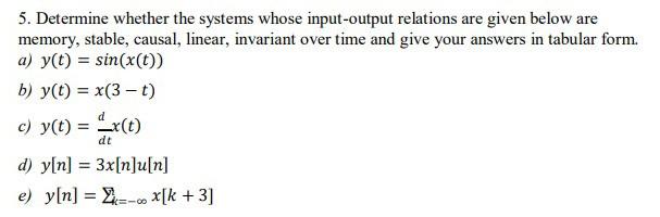 Solved 5. Determine whether the systems whose input-output | Chegg.com