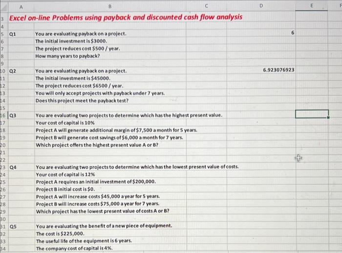 Solved Excel on-line Problems using payback and discounted | Chegg.com