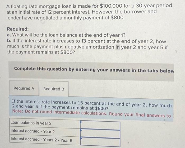 Solved 10. A floating rate mortgage loan is made for | Chegg.com