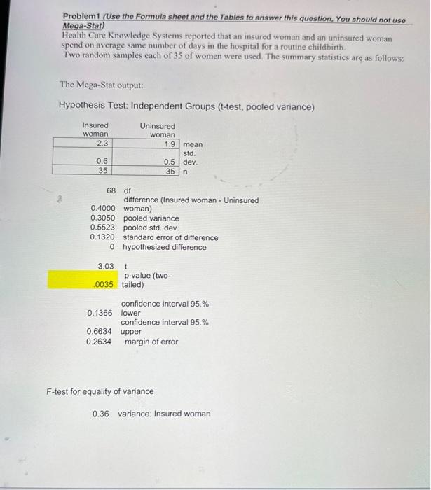 Solved Problem1 (Use the Formula sheet and the Tables to | Chegg.com