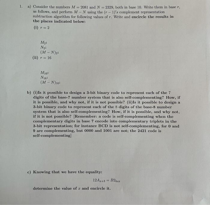 Solved 1. a) Consider the numbers M = 2081 and N = 2329, | Chegg.com