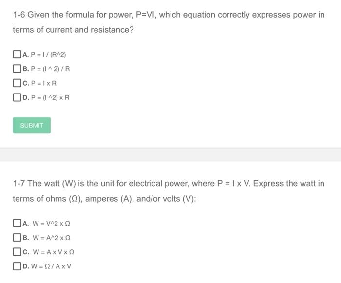 Solved 1-6 Given the formula for power, P=VI, which equation | Chegg.com