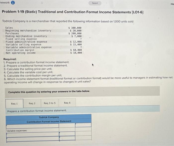 Solved Problem 1-19 (Static) Traditional and Contribution | Chegg.com