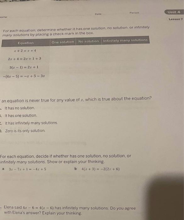 Solved Name: Equation For each equation, determine whether | Chegg.com