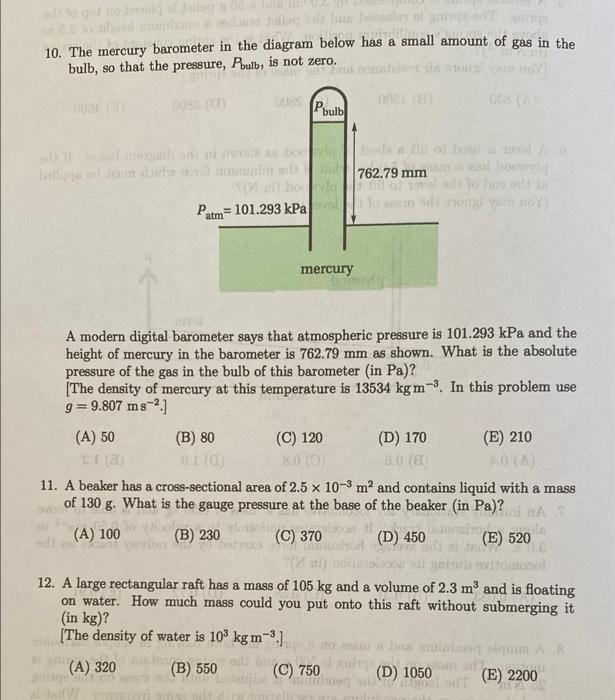 Solved 10. The mercury barometer in the diagram below has a | Chegg.com