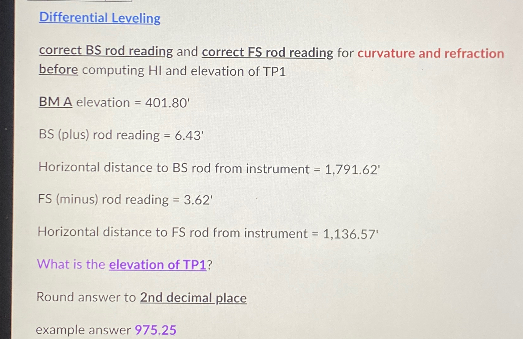 Differential Levelingcorrect BS ﻿rod reading and | Chegg.com