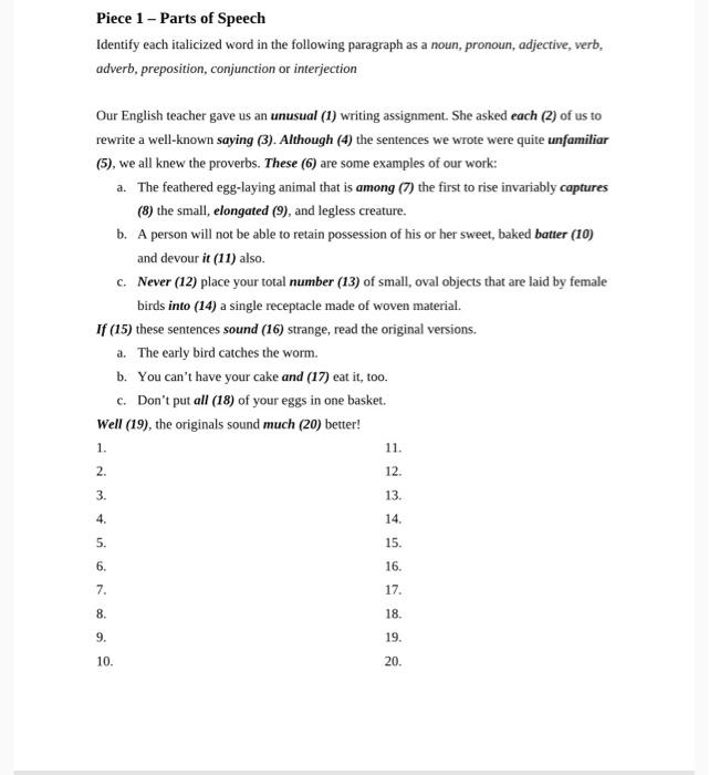Piece 1 - Parts of Speech Identify each italicized | Chegg.com
