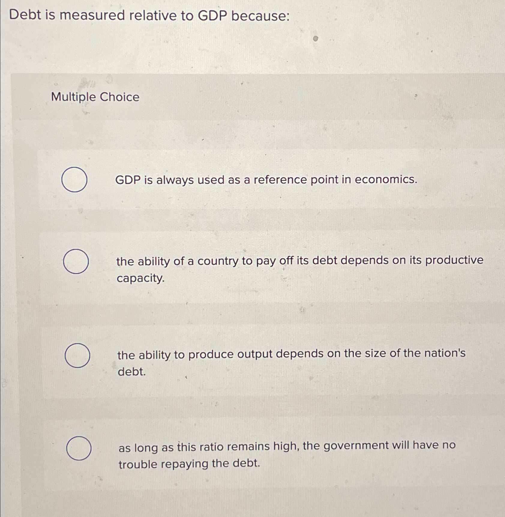 Solved Debt is measured relative to GDP because:Multiple | Chegg.com