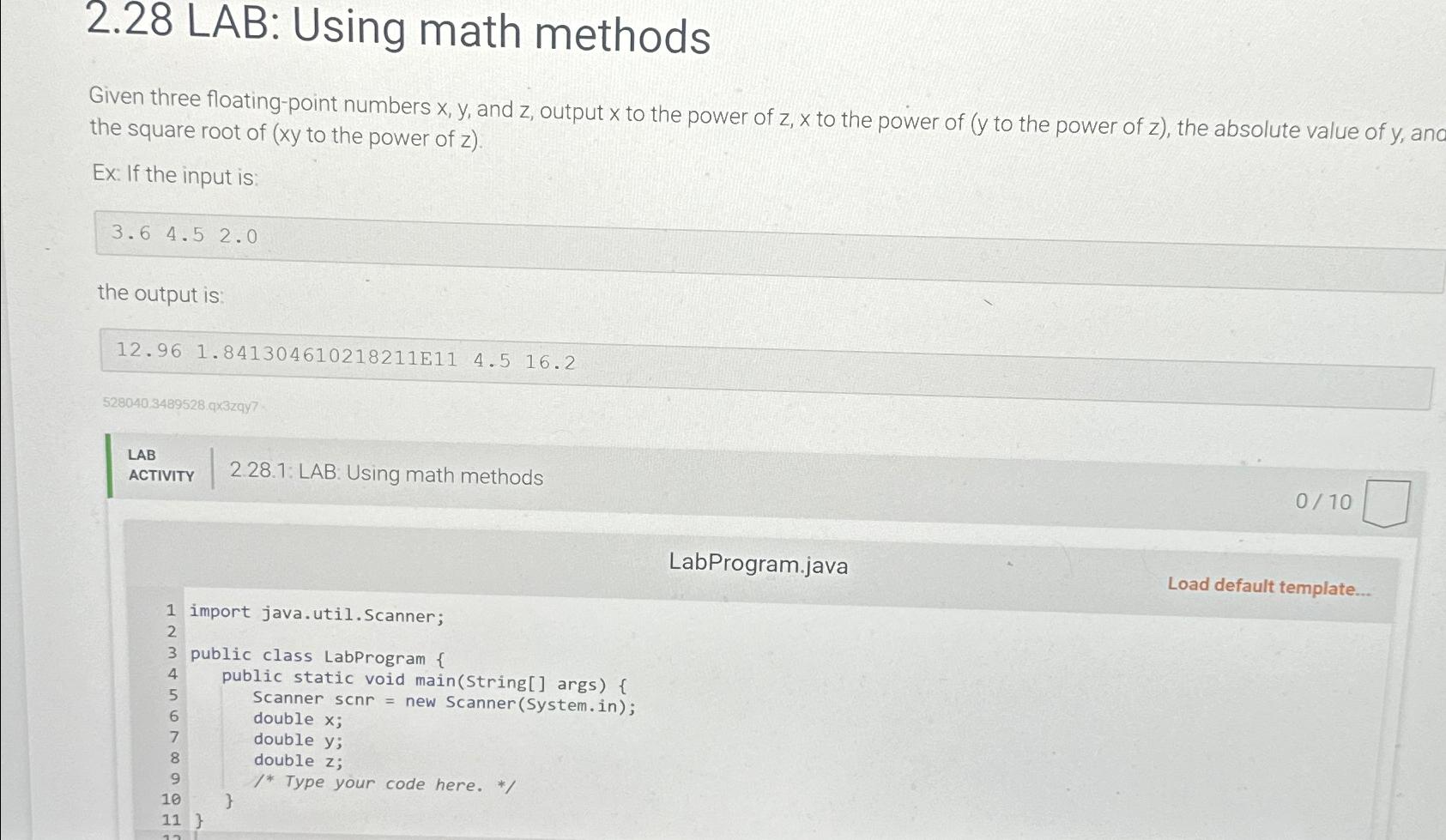 Solved 2.28 ﻿LAB: Using math methodsGiven three | Chegg.com