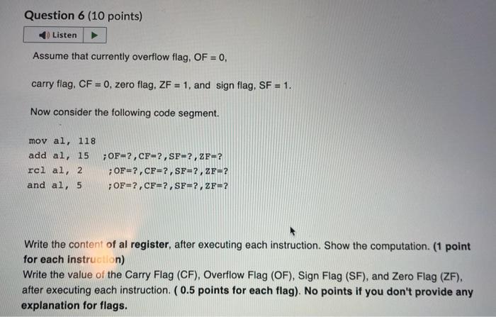 Solved Assume that currently overflow flag, OF =0, carry | Chegg.com