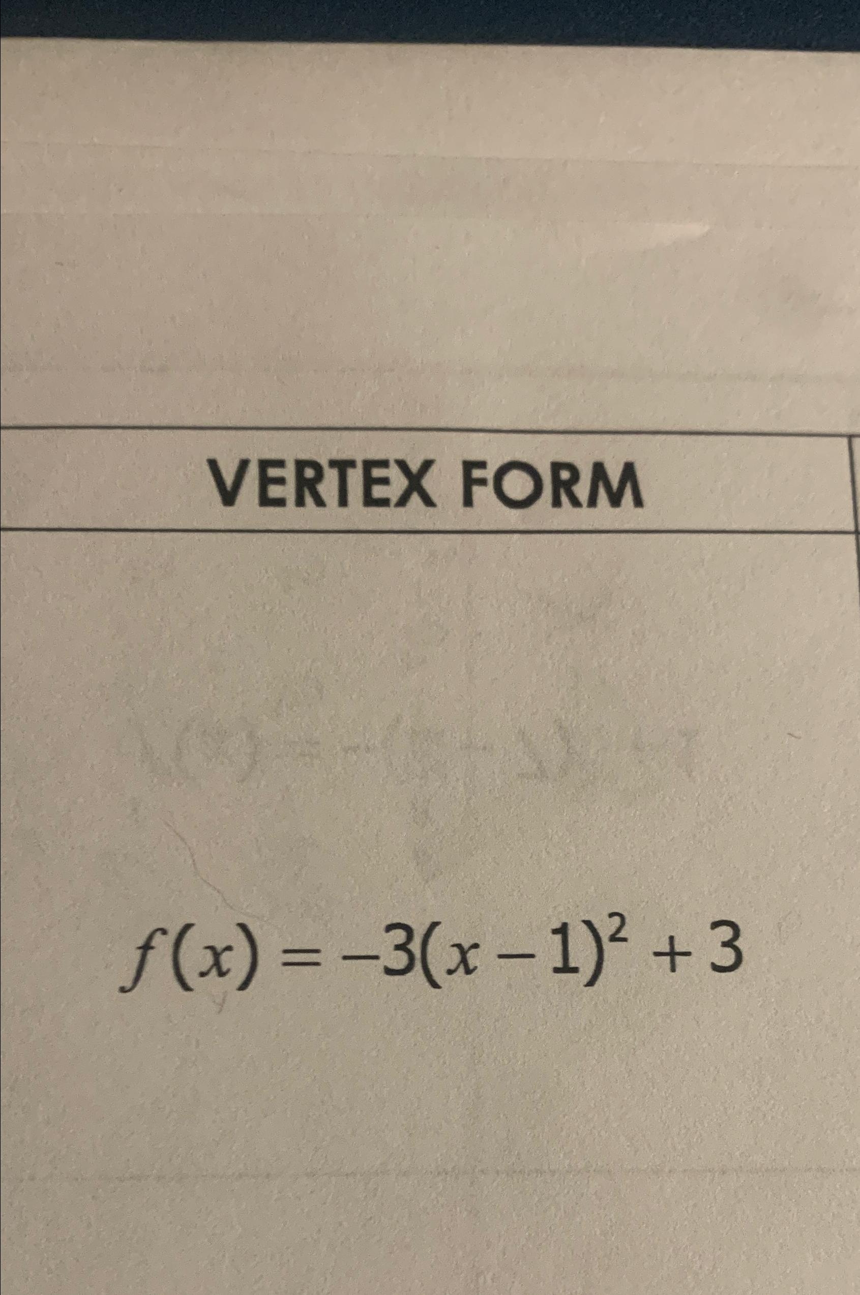 Solved VERTEX FORMf(x)=-3(x-1)2+3 | Chegg.com