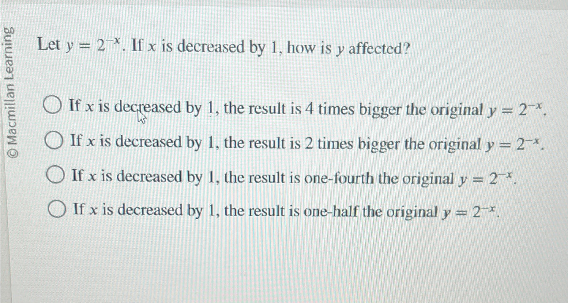 Solved Let y=2-x. ﻿If x ﻿is decreased by 1 , ﻿how is y | Chegg.com