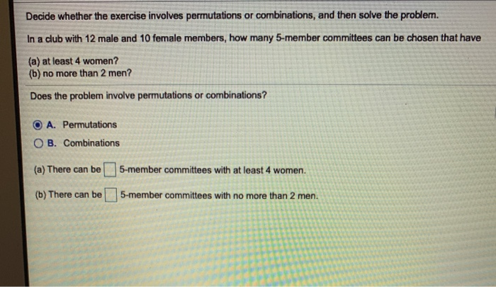 Solved Decide whether the exercise involves permutations or | Chegg.com
