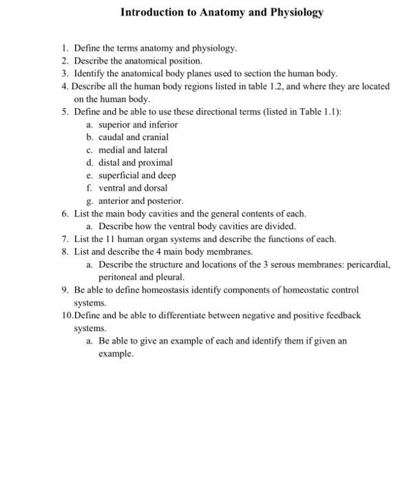 Solved Introduction to Anatomy and Physiology 1. Define the | Chegg.com
