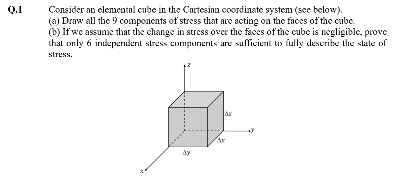 Solved Q. 1 ﻿Consider an elemental cube in the Cartesian | Chegg.com