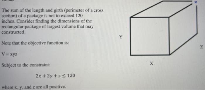 Solved The sum of the length and girth (perimeter of a cross | Chegg.com