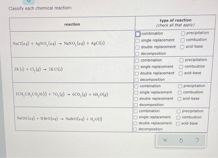 Solved Classify Each Chemical Reaction Reaction Nacl Aq