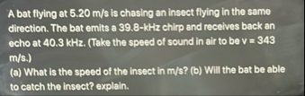 Solved A bat flying at 5.20ms ﻿is chasing an insect flying | Chegg.com
