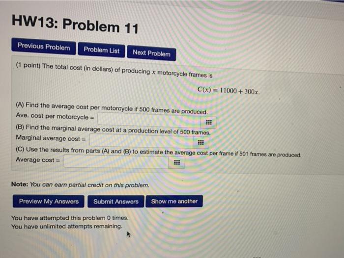 Solved HW13: Problem 11 Previous Problem Problem List Next | Chegg.com Solved HW13: Problem 11 Previous Problem Problem List Next | Chegg.com
