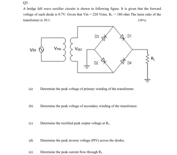 Solved Q3. A bridge full wave rectifier circuits is shown in | Chegg.com
