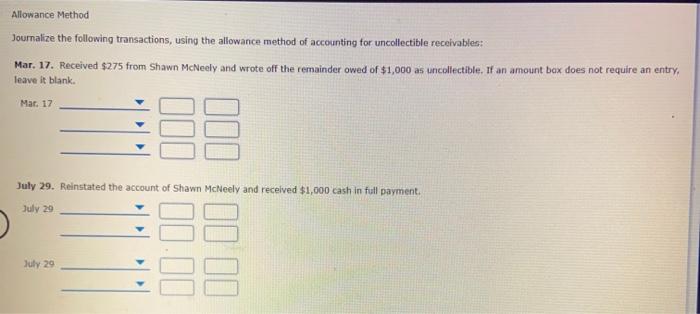 Solved Allowance Method Journalize the following | Chegg.com