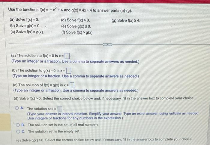 Solved Use the functions f(x)=−x2+4 and g(x)=4x+4 to answer | Chegg.com