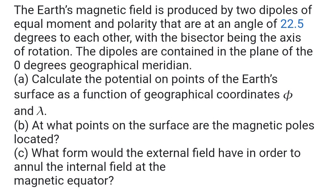 Solved The Earth's magnetic field is produced by two dipoles | Chegg.com
