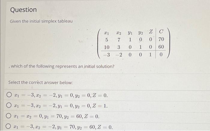 Solved Question Given the initial simplex tableau Select the | Chegg.com