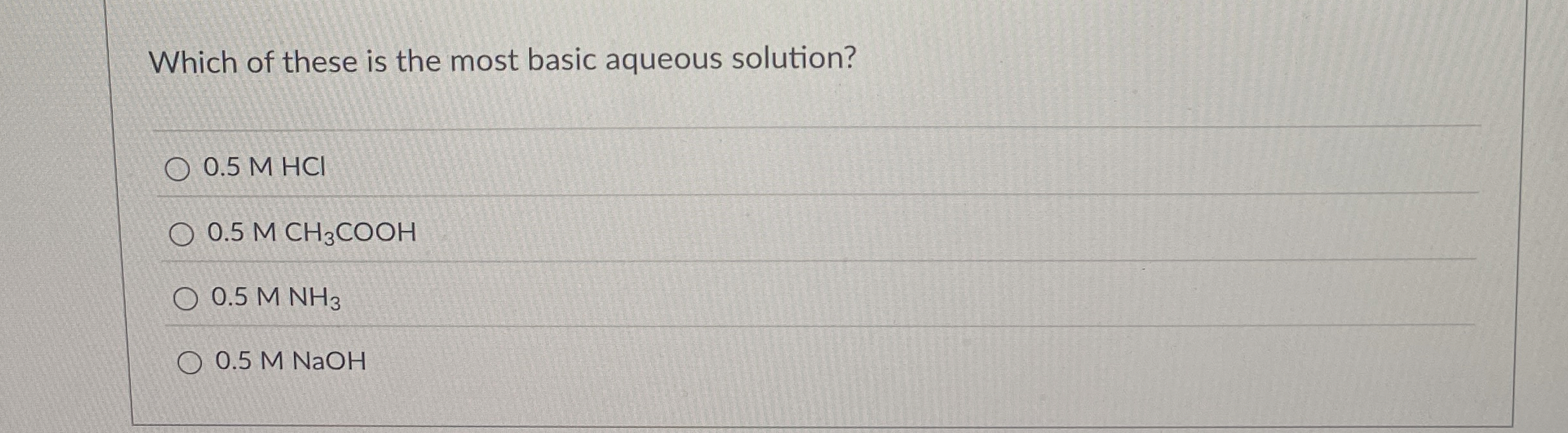 Solved Which of these is the most basic aqueous solution?0.5 | Chegg.com