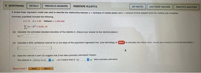 Solved Summary quantities included the following. f=14b=2.50 | Chegg.com