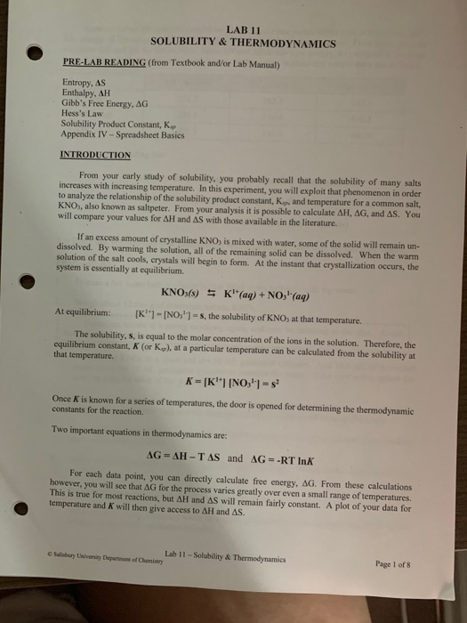 LAB 11 SOLUBILITY & THERMODYNAMICS PRE-LAB READING | Chegg.com