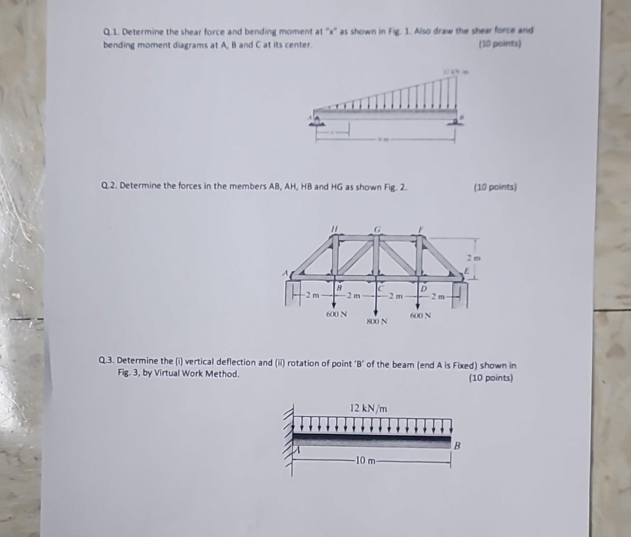 Solved Q1. Determine the shear force and bending moment at " | Chegg.com