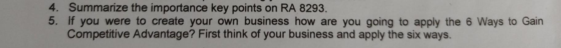 Solved 4. Summarize the importance key points on RA 8293. 5. | Chegg.com