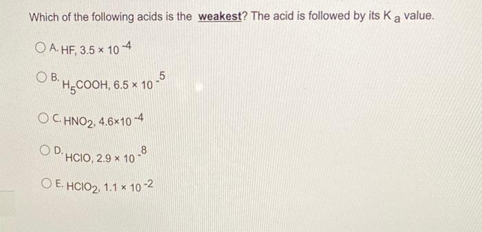 Solved Which of the following acids is the weakest? The acid | Chegg.com