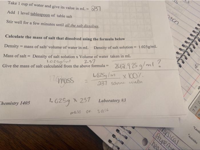 Solved what is the mass of salt in one cup of water? If | Chegg.com