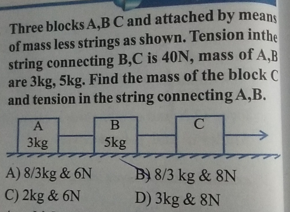 Solved Three blocks A,B C and attached by means of mass less | Chegg.com