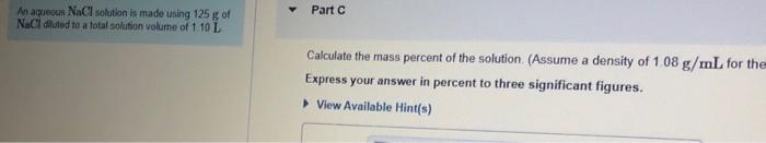 Solved An aqueous NaCl solution is made using 125 g of NaCl | Chegg.com