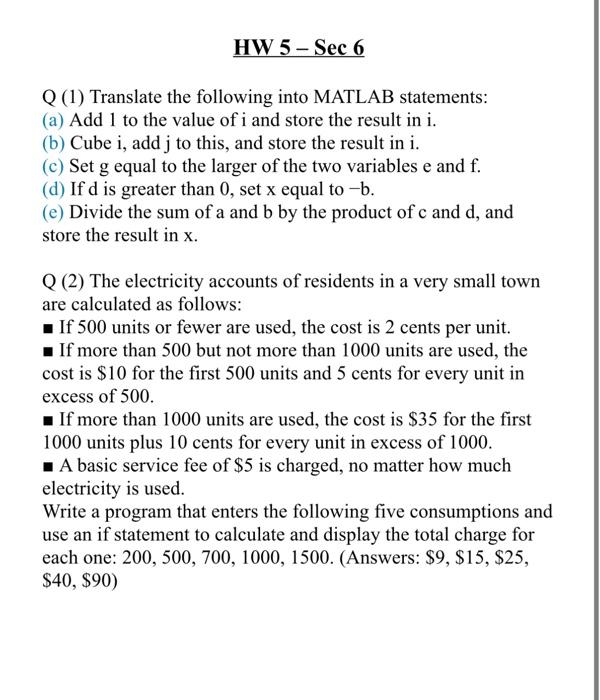 Solved Q (1) Translate the following into MATLAB statements: | Chegg.com