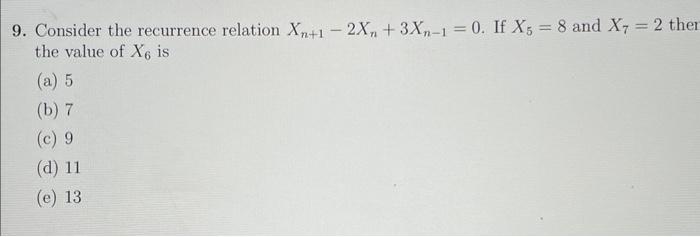 Solved 9. Consider the recurrence relation Xn+1−2Xn+3Xn−1=0. | Chegg.com
