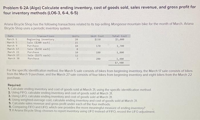 Solved Problem 6-2A (Algo) Calculate ending inventory, cost | Chegg.com